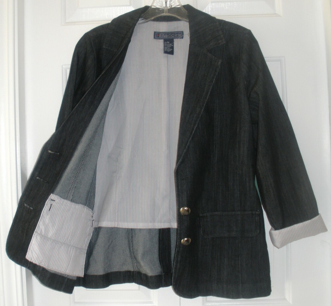 New Baccini Womens Black Denim Blazer Jacket Small Medium Petite 3/4 ...