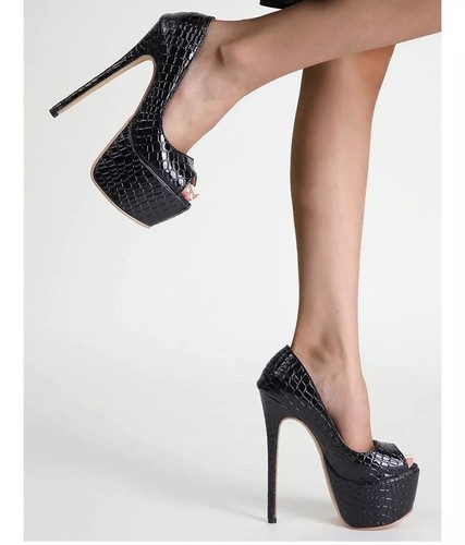 Escarpins Femme Noir Ouverts Talon Plateforme 16 Cm Cuir Synthétique ...