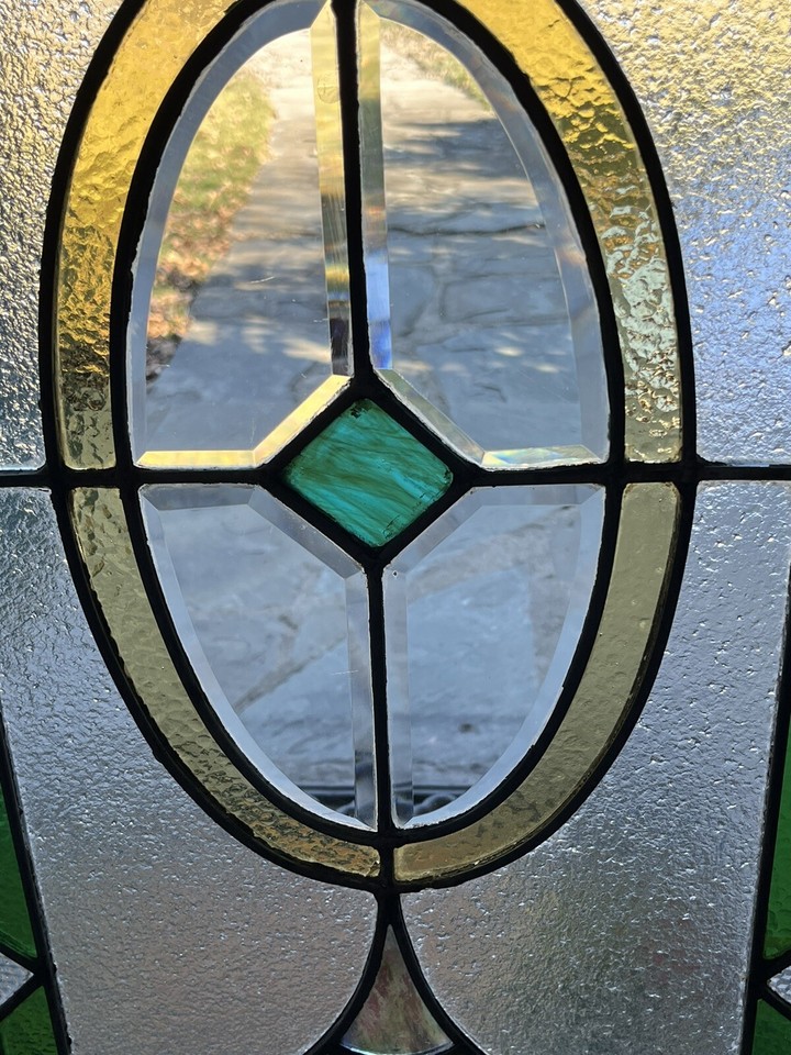 ANTIQUE STAINED LEADED GLASS WINDOW BEVELED/CUT GLASS ACCENTS COAL MINE ...