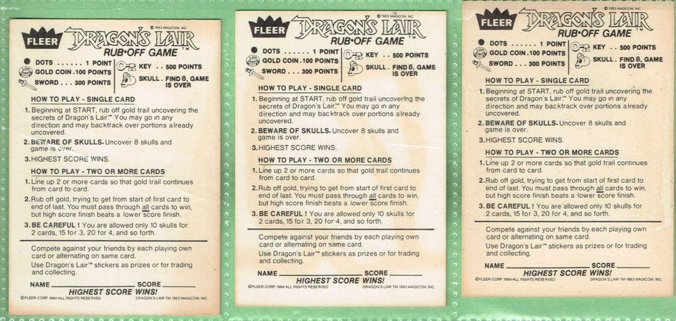 1983 Dragon's Lair Fleer RUB OFF GAME CARDS x3 | eBay