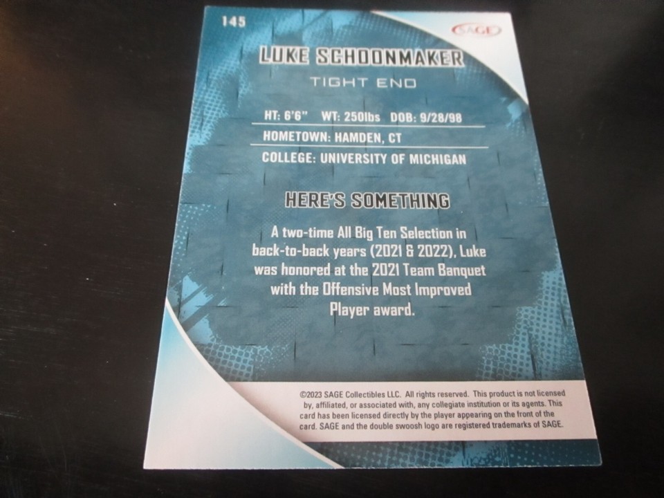 luke schoonmaker (michigan wolverines - te) 2023 sage ROOKIE CARD #145 ...