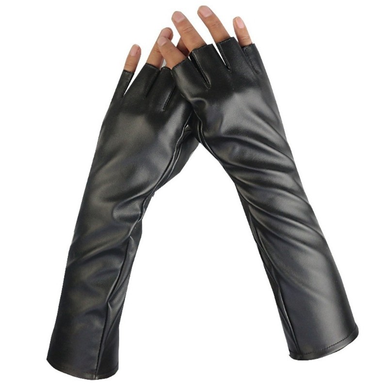 Women Black Leather Fingerless Arm Gloves Long Style For Dance ...
