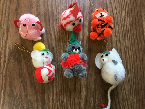 Vtg Fun Farm Felt Christmas Ornaments 6 Pc Puff Ball Animals | eBay
