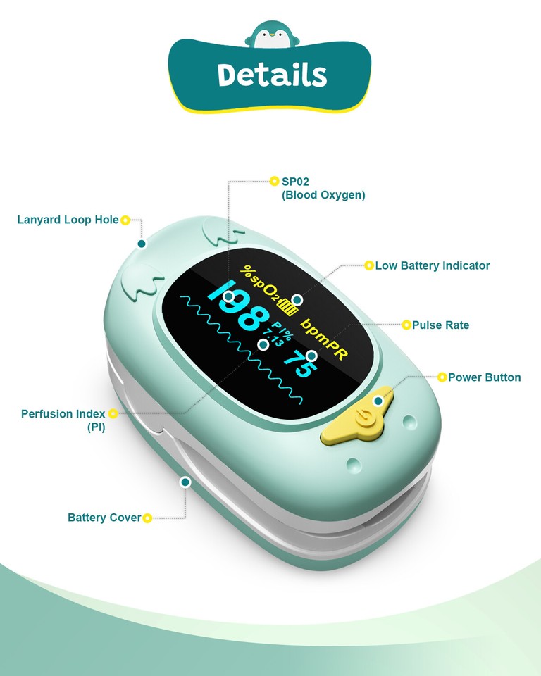 Children Fingertip Pulse Oximeter Blood Oxygen Monitor SpO2 Heart Rate ...