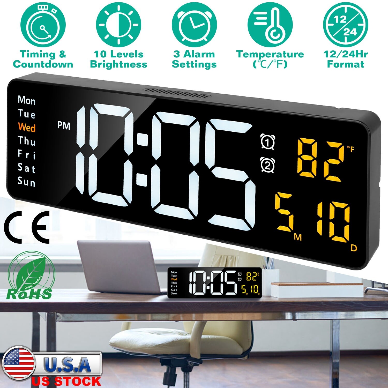 Digital Wall Clock Dual Alarm LED Digits Display Auto-Dimming 12/24Hr ...