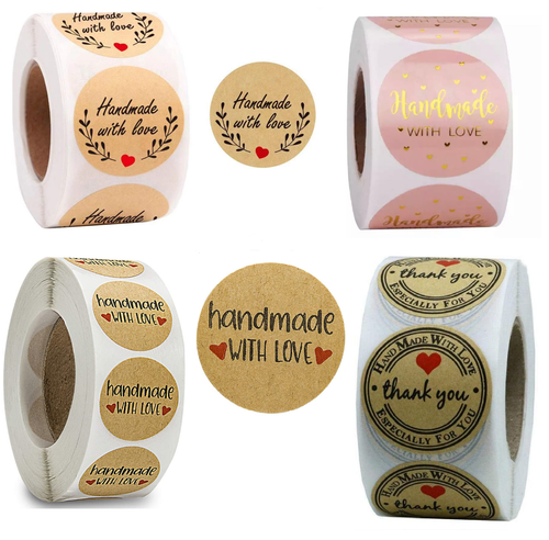 Handmade With Love Stickers Thank You Hand Made Homemade Labels Round ...
