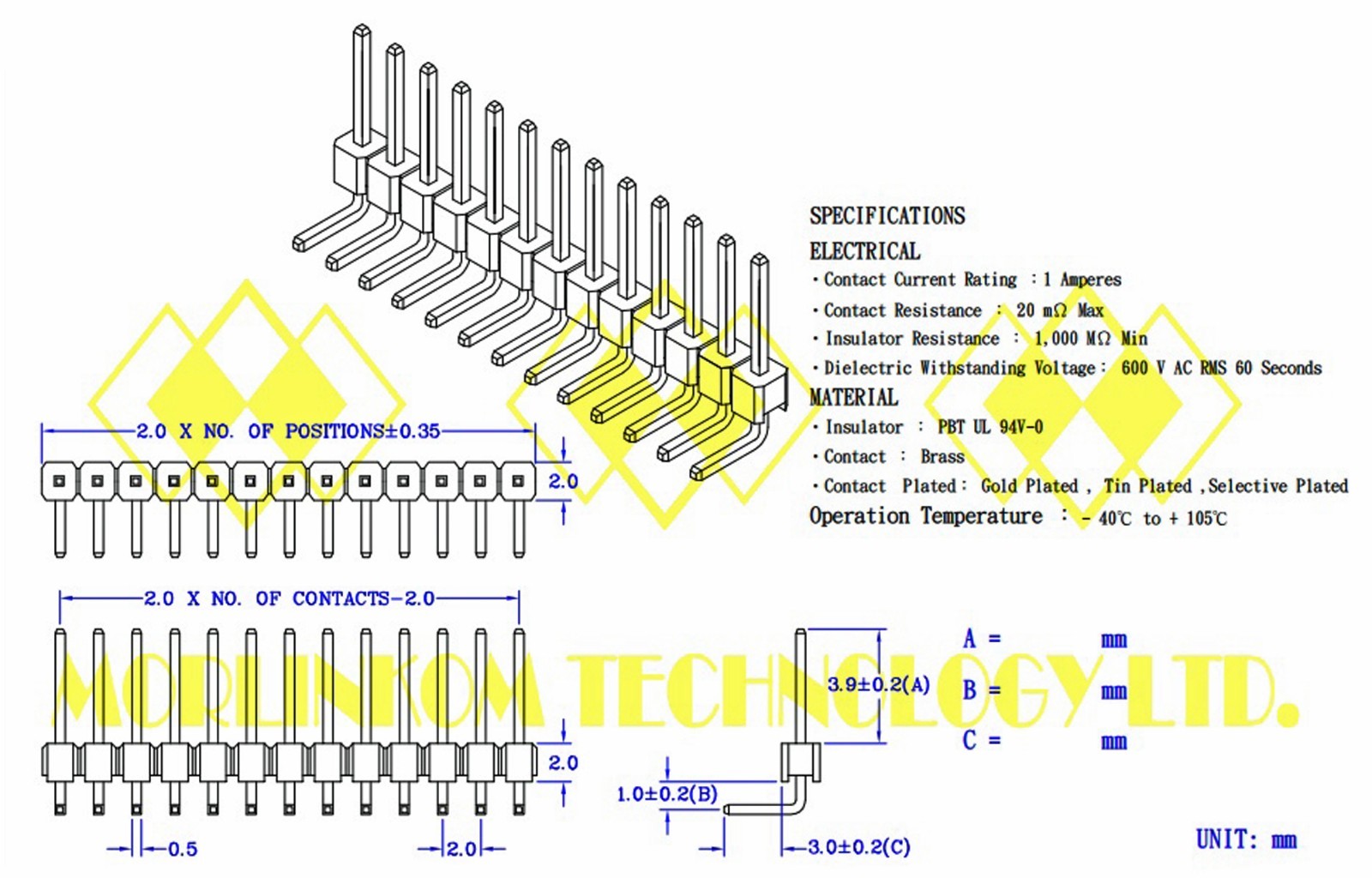 100pc Dupont 2.0mm 2mm 90° Right Angle Male Pin Header Single Row 1x2P ...