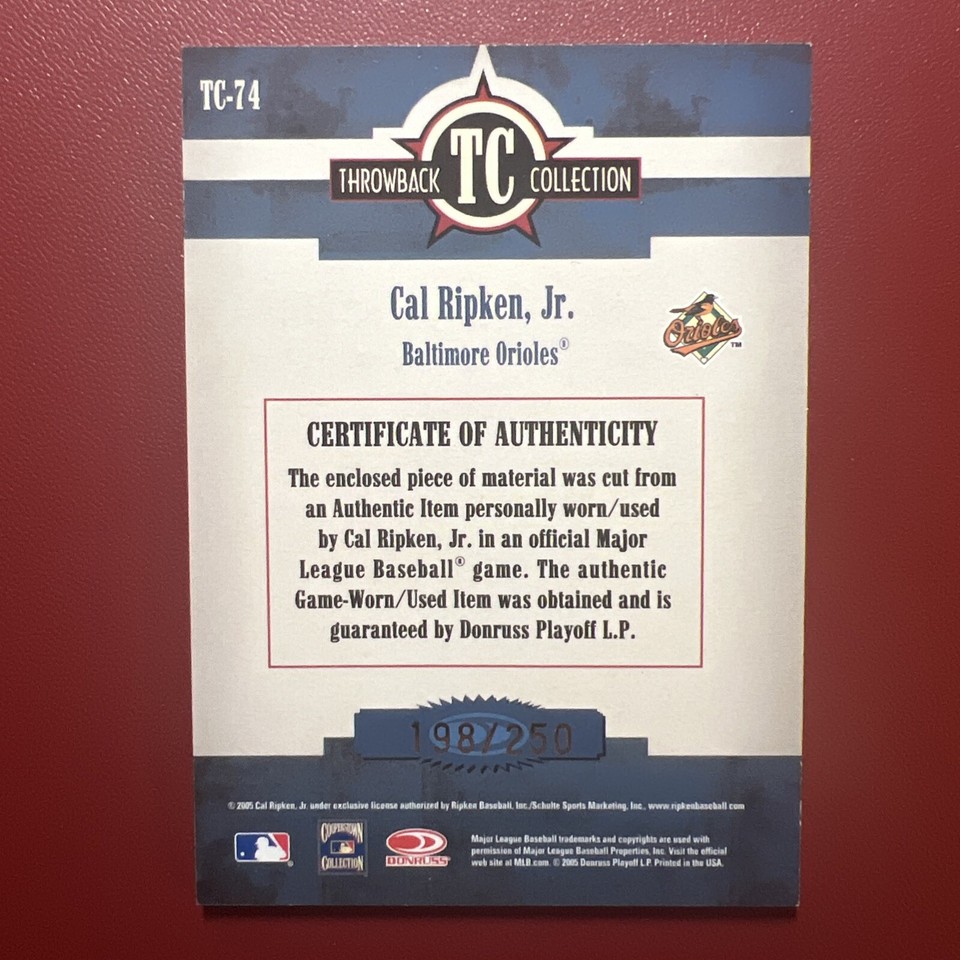 Cal Ripken Jr 2005 Donruss Throwback Threads Jersey Patch #/250 SP HOF ...