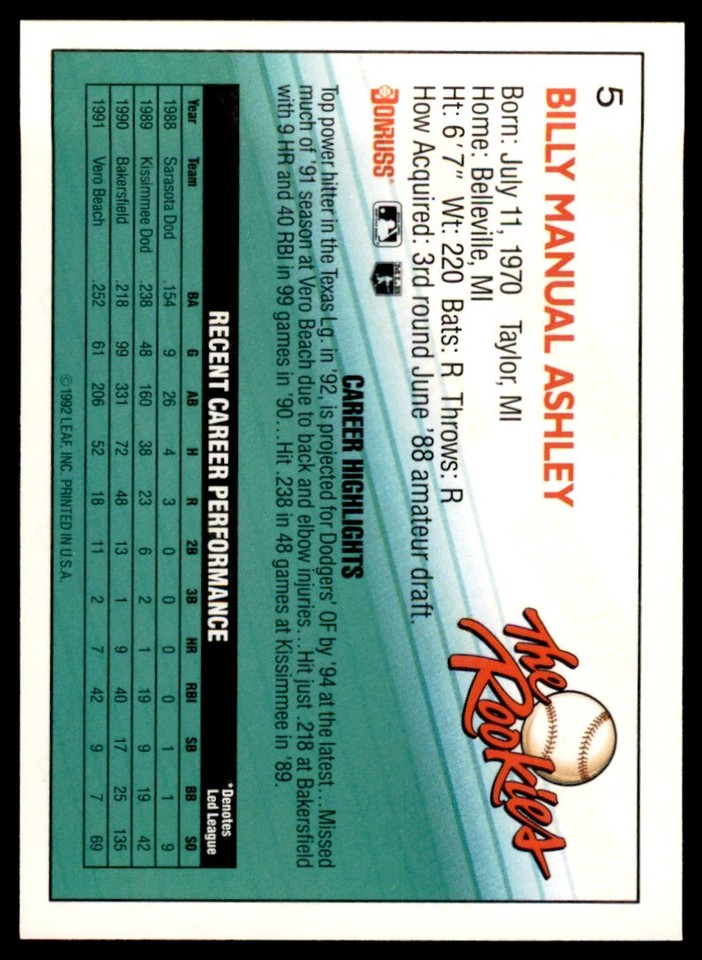 1992 Donruss The Rookies Billy Ashley Rookie . Los Angeles Dodgers #5 ...