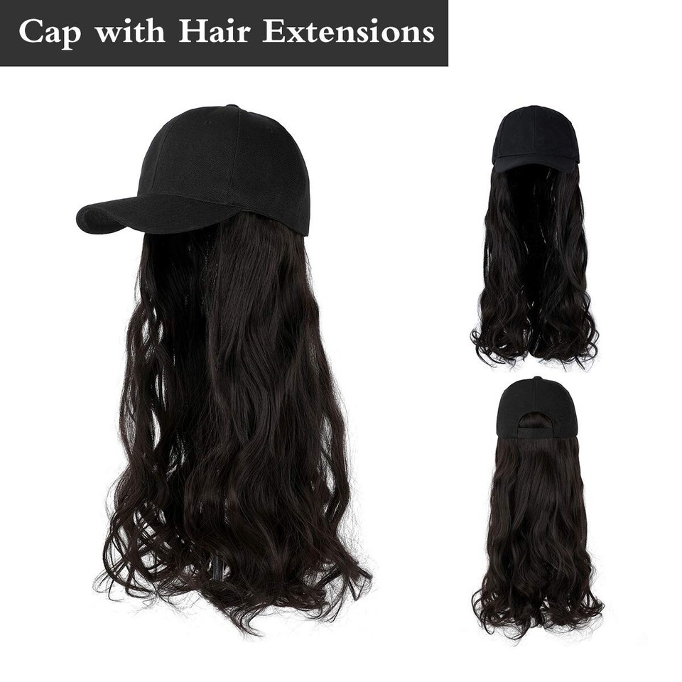 Baseball Cap Hair Long 24" Extension women wavy dark brown adjustable ...