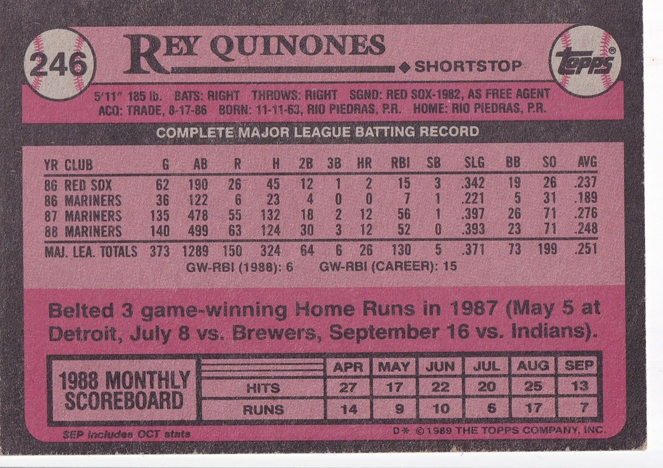 1989 Topps #246 Ray Quinones MLB Seattle Mariners + (Yes 3 Free Mystery ...