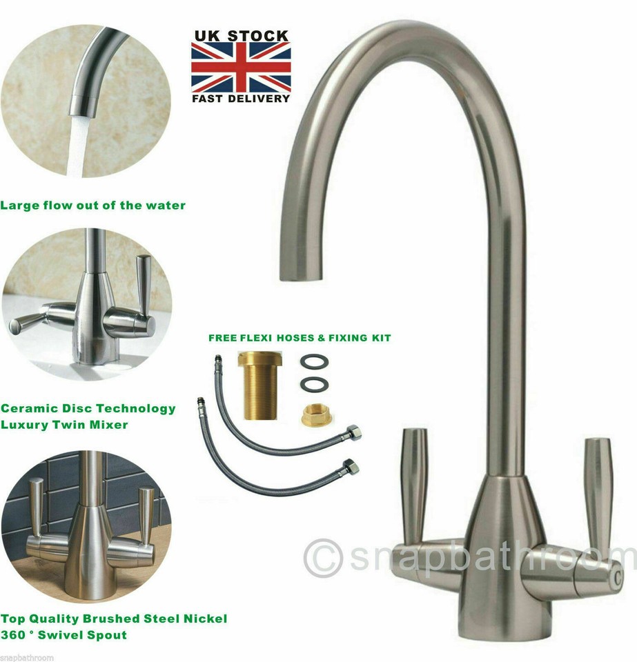 Modern Tap Swivel Spout Kitchen Sink Mixer Taps Twin Dual Lever Chrome ...