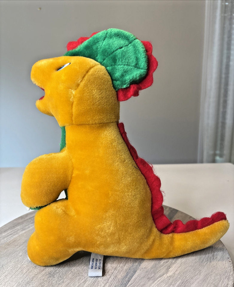 Vintage BJ Toy Yellow Dinosaur Plush Stuffed Animal Red Green Spikes ...