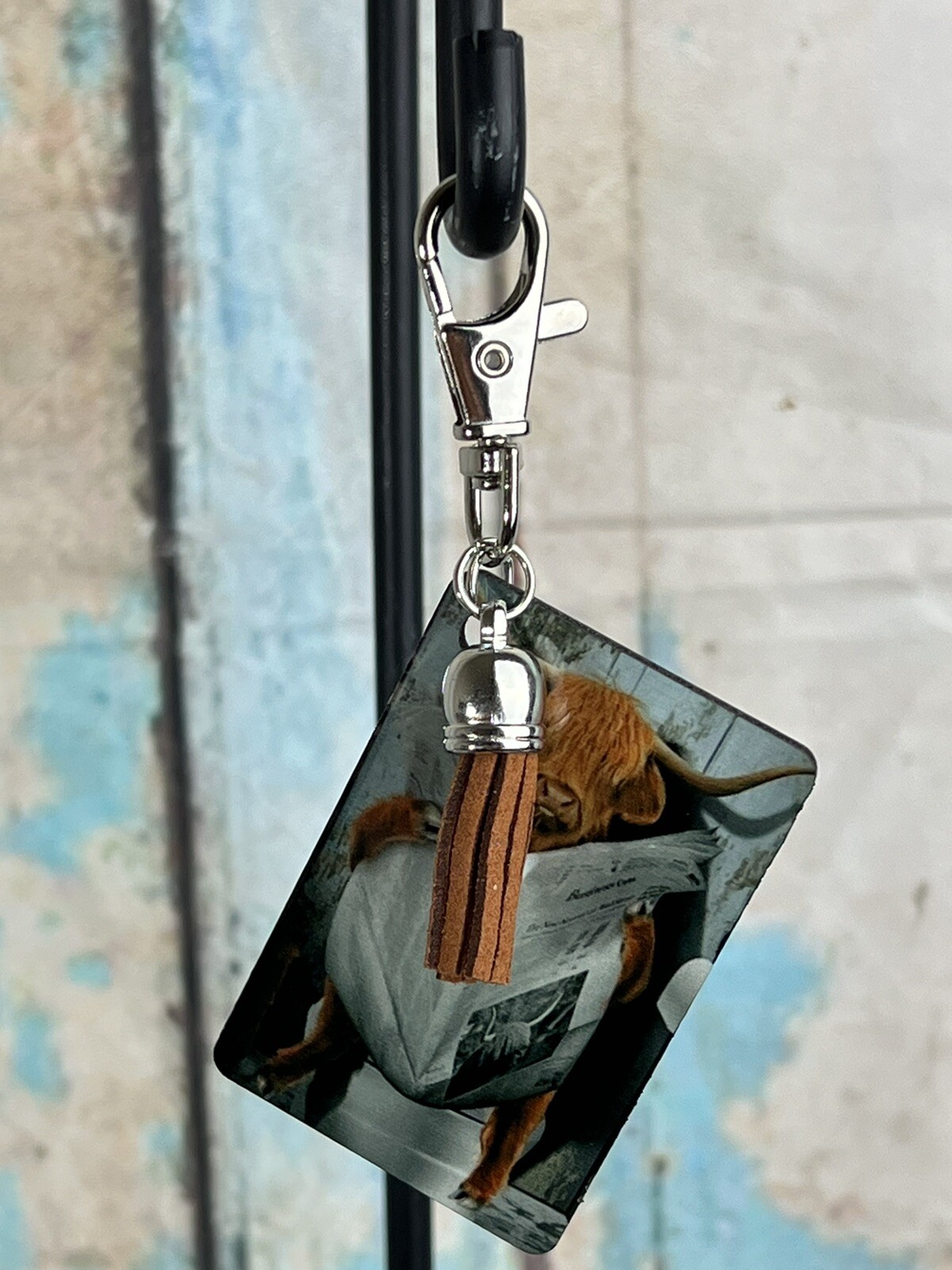 Highland Cow Bull Reading Newspaper Keychain Purse Backpack Accessory ...