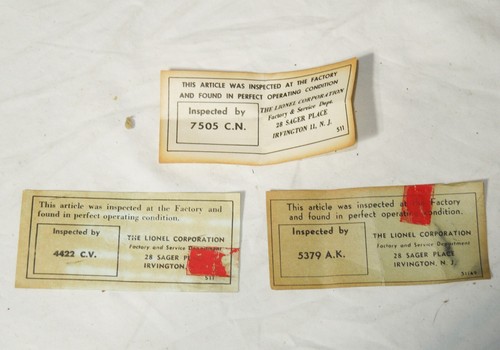 Lionel Inspection Slips 28 Sager Place Irvington, NJ | eBay