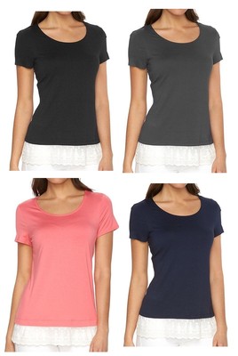 AB Studio Womens Lace Hem Mock-Layer Tee Top M L XL Black Gray Pink ...