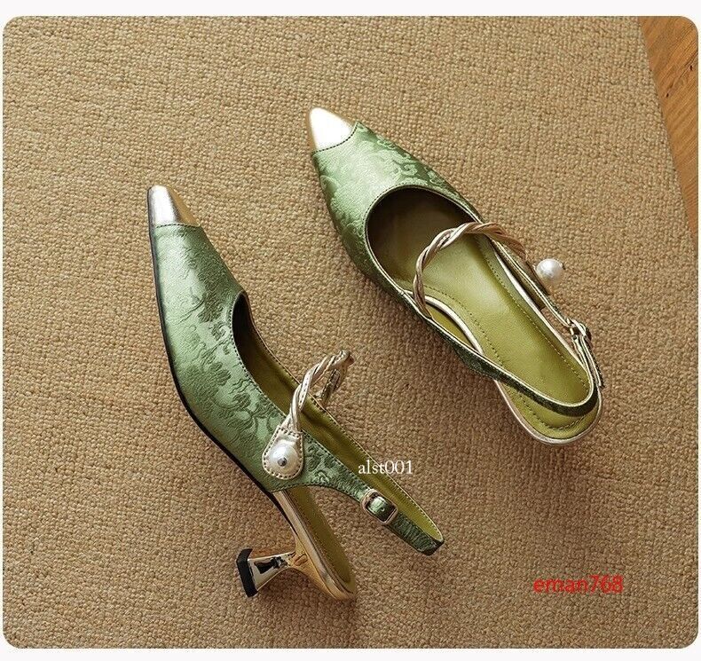 Women Chinese Style Pointed Toe Sandals Summer Kitten Heel Slingback ...