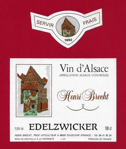 ALS8 Etiquette ALSACE EDELZWICKER 1992 H. BRECHT, prop-vitic. EGUISHEIM ...