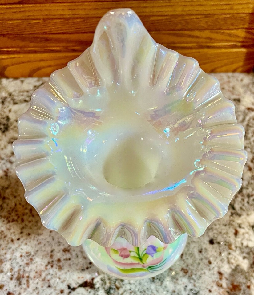 STUNNING Fenton**IRIDESCENT OPALINE "SPRING TULIPS" JIP VASE**M ...