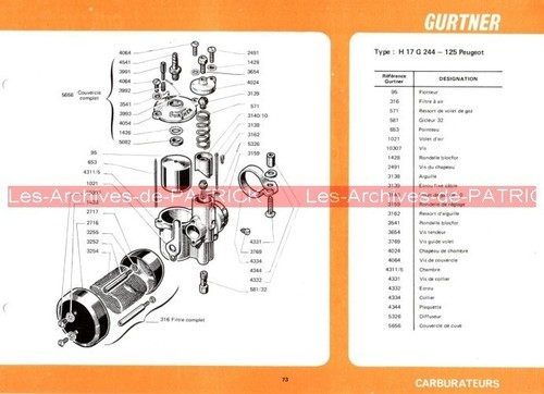 PEUGEOT 125 ; MOTOBECANE type Z 57 Z57 Fiche Carburateur GURTNER H 17 G ...