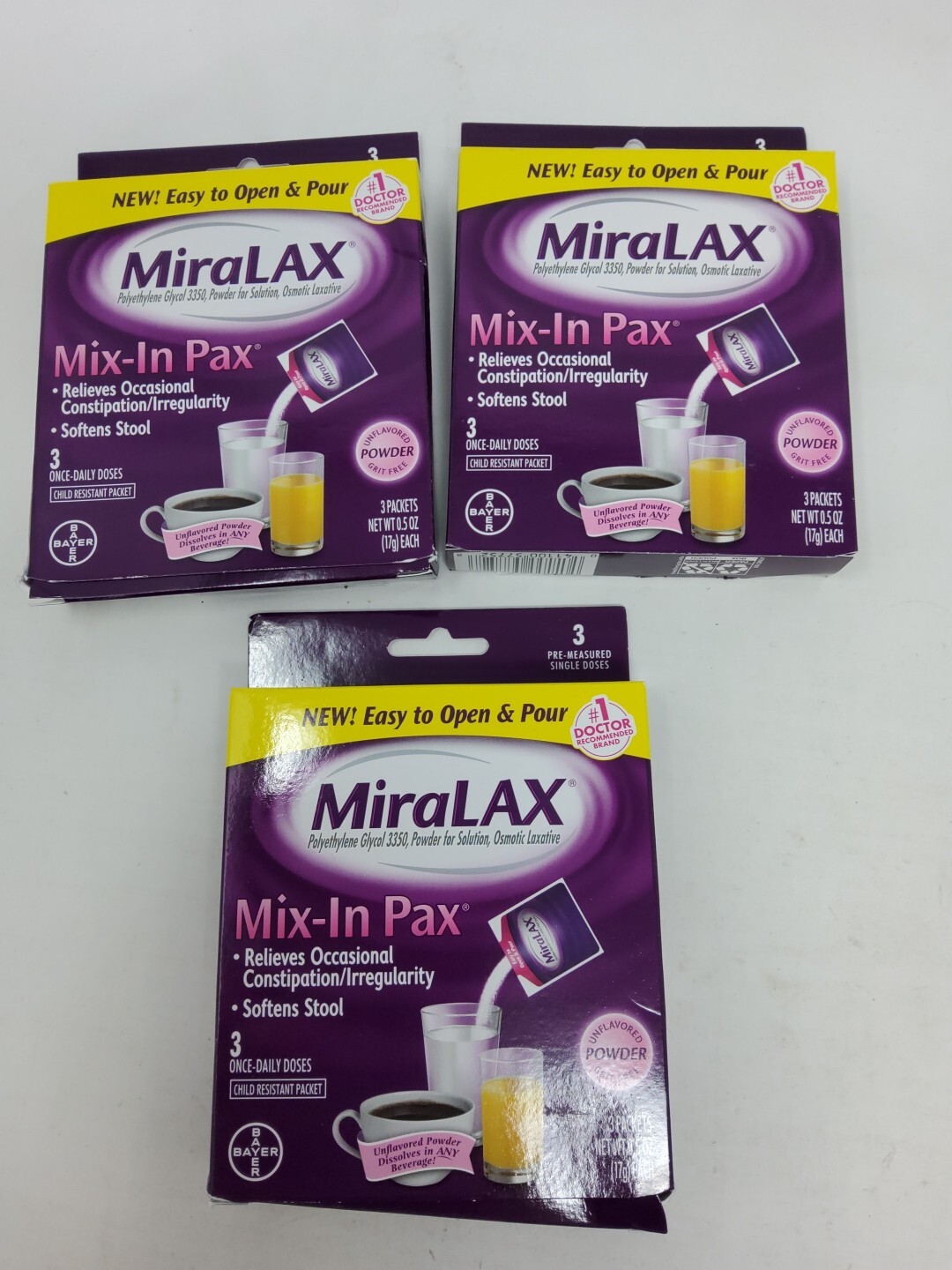 LOT 3 MiraLAX powder MIX-IN-PAX once-daily 3 UNFLAVORED packets ea exp ...