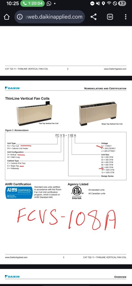 NEW Daikin McQuay ThinLine Fan Coil Unit FHVS108A FCVS108A Commercial ...