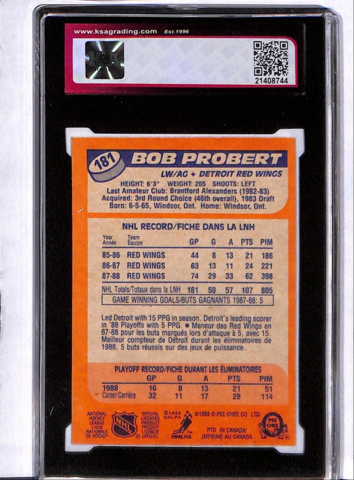 1988-89 O-Pee-Chee Bob Probert Rookie KSA 9.5 ,(CP), #181 | eBay
