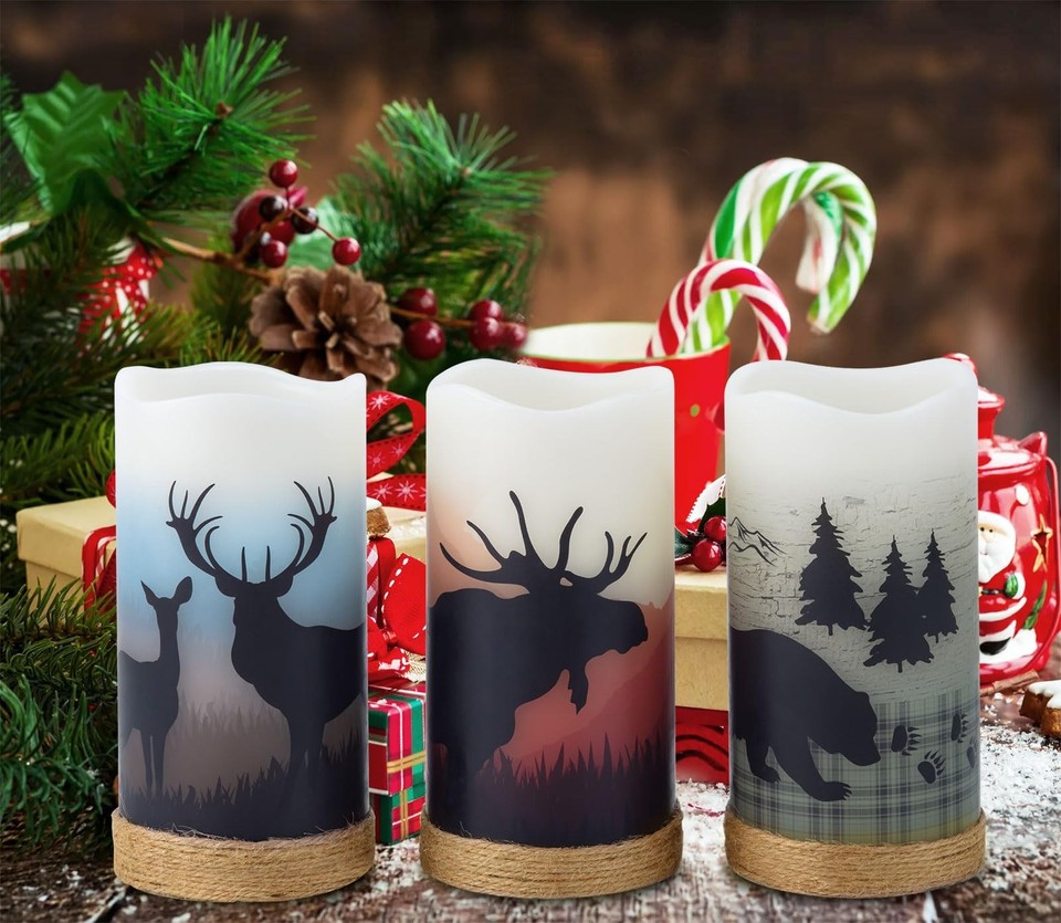 3PCS Battery Operated Real Wax Pillar Candles with Charming Deer,Moose ...