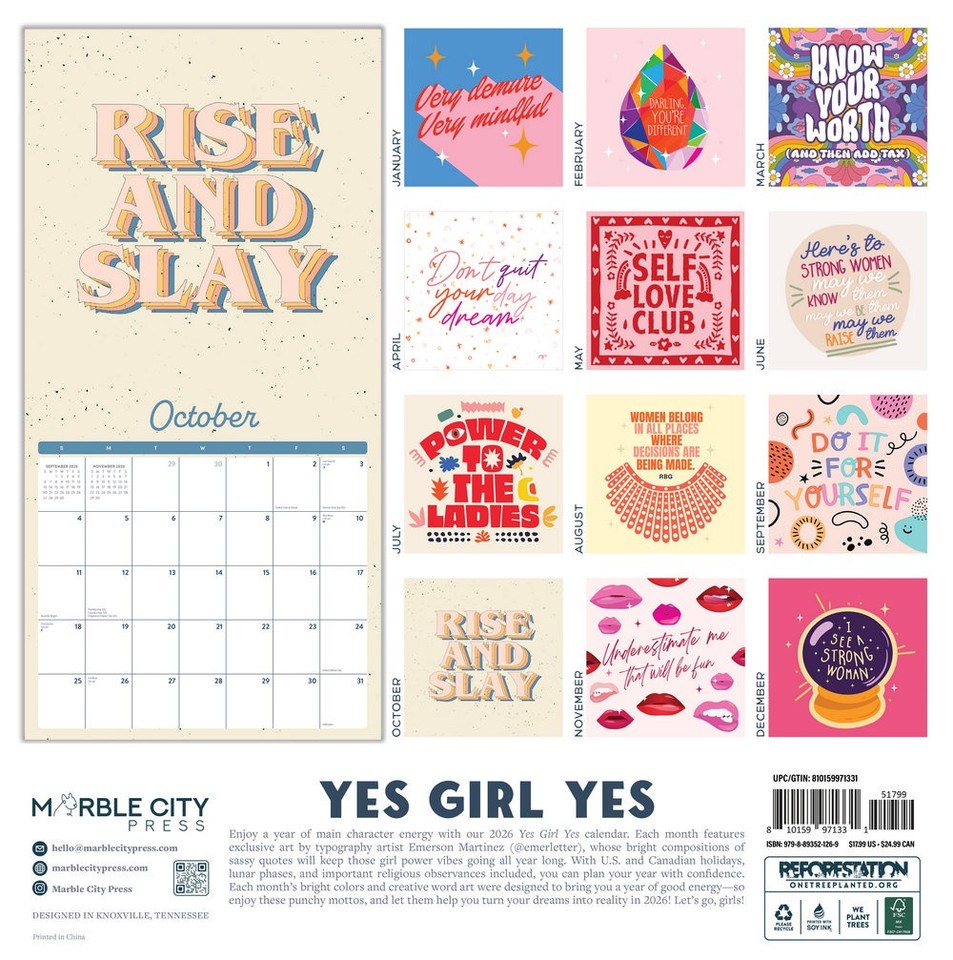 Yes Girl Yes Calendar 2026 | 12" x 24" 12 Month Calendar | Marble City ...