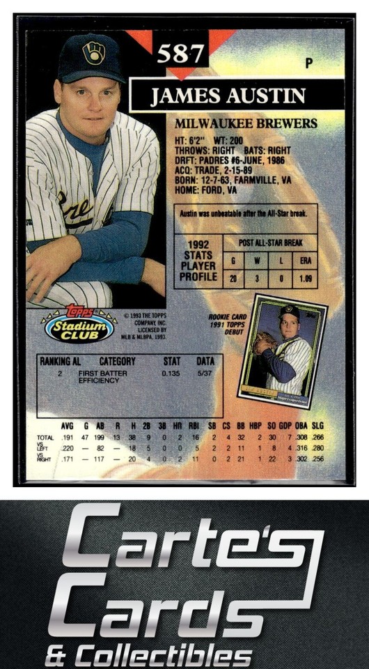 Jim Austin 1993 Topps Stadium Club Members Only #587 Milwaukee Brewers ...