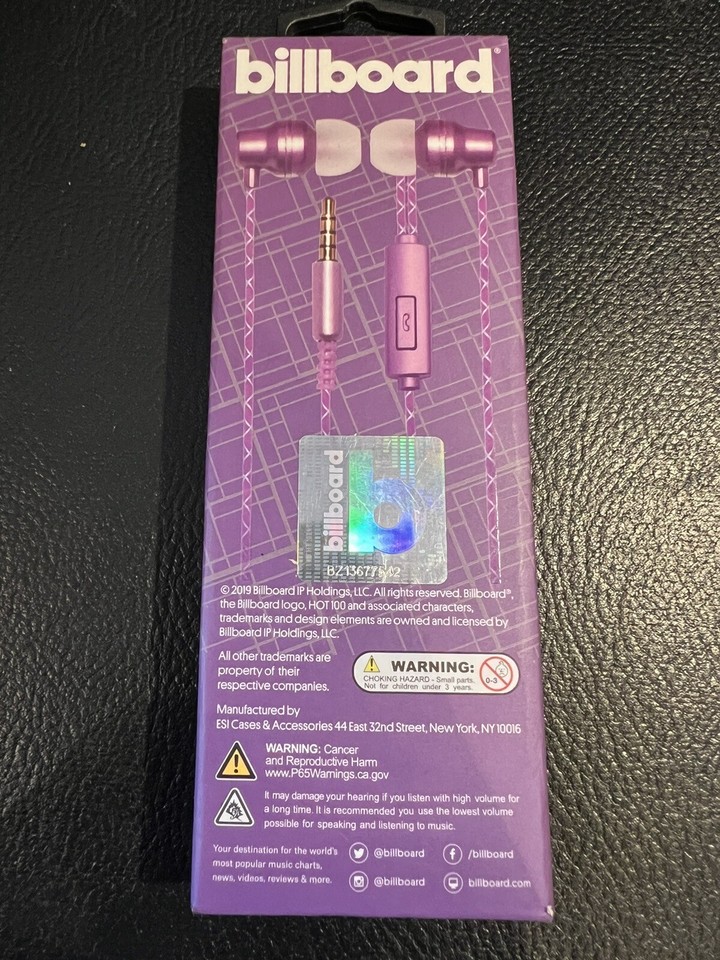 Billboard Extra Bass Stereo Earbuds With In-Line Mic BB677 Purple - New ...