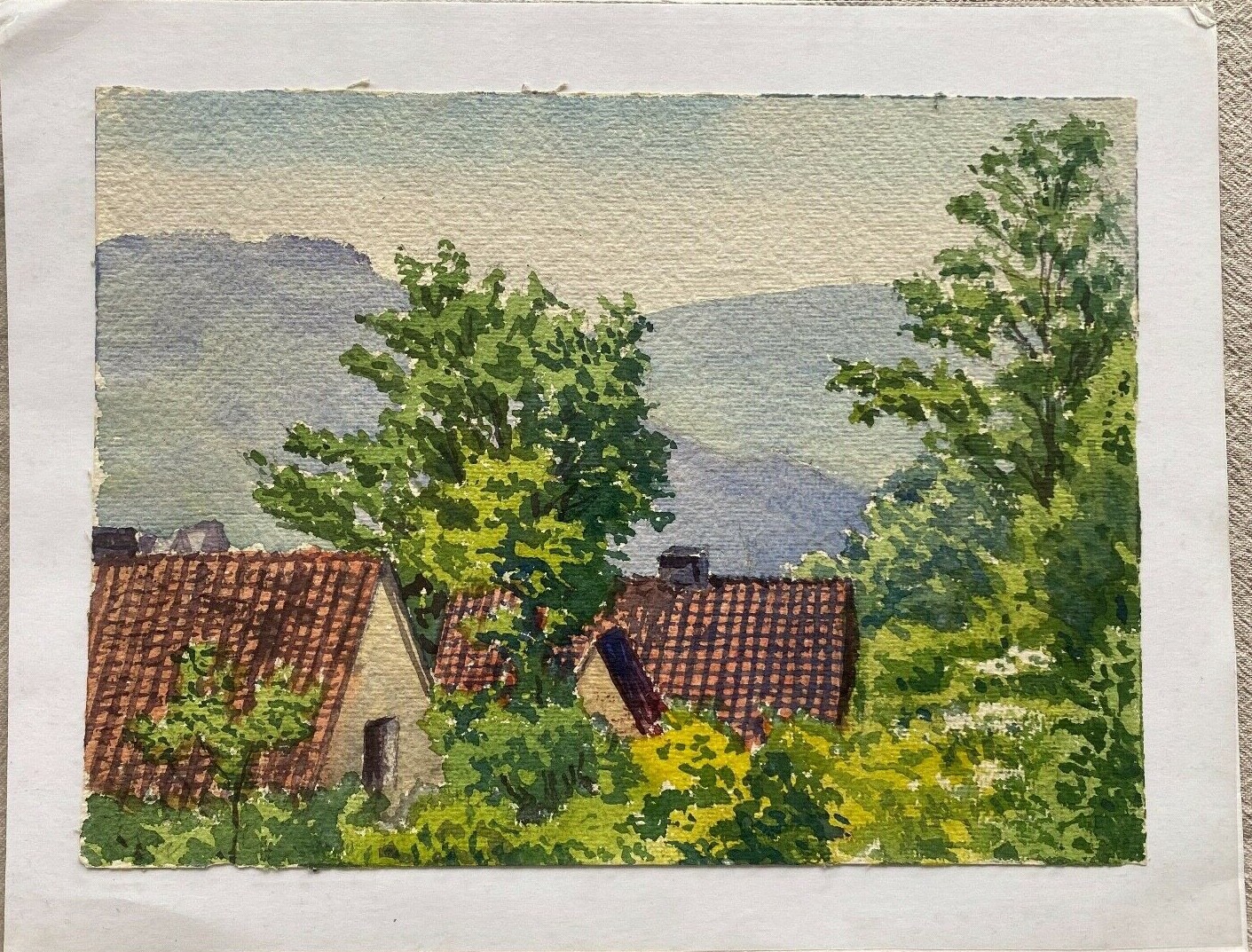 Watercolour Houses at the Edge of Forest Um 1910 Roofs Trees Town ...