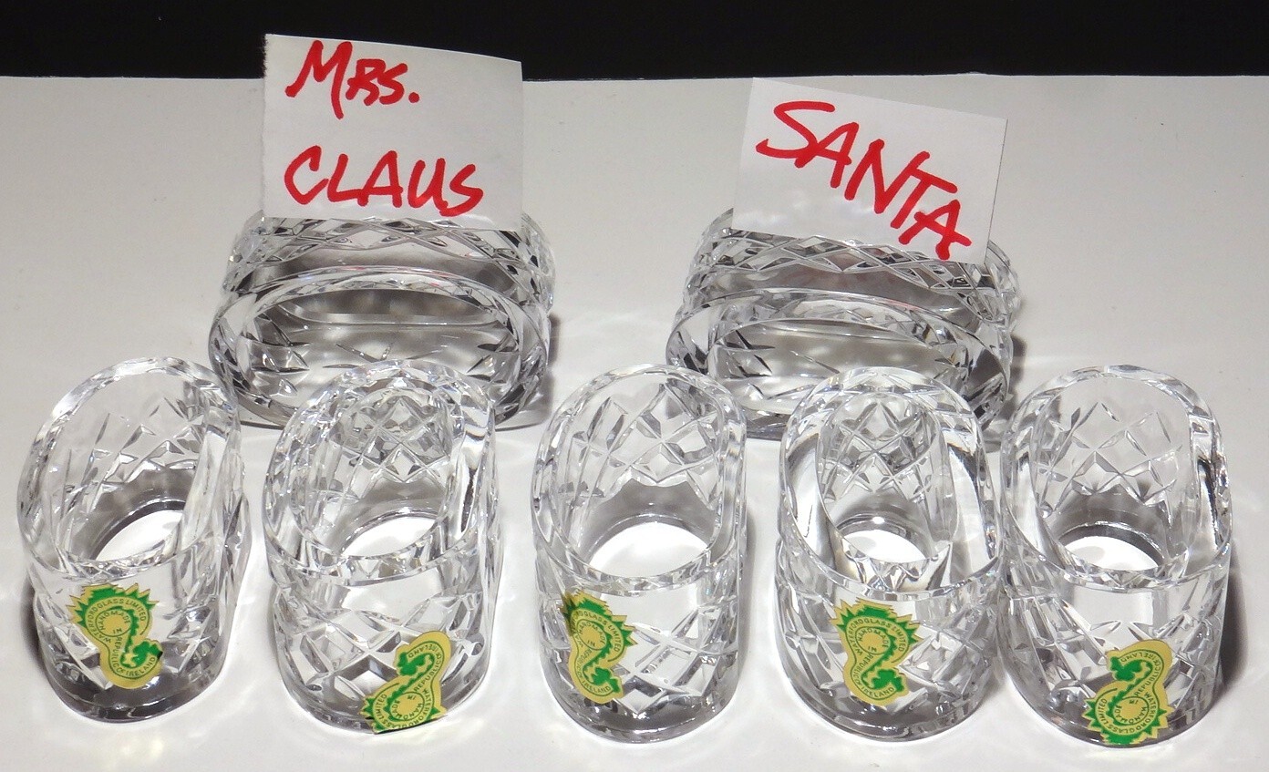 7 RARE VINTAGE WATERFORD CRYSTAL ALANA NAPKIN RINGS w/PLACECARD (NAME ...