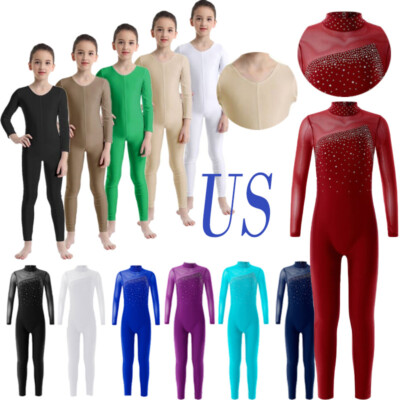 Kids Spandex Crew NeckFull Bodysuit Unitard Athletic Gymnastics Leotard ...