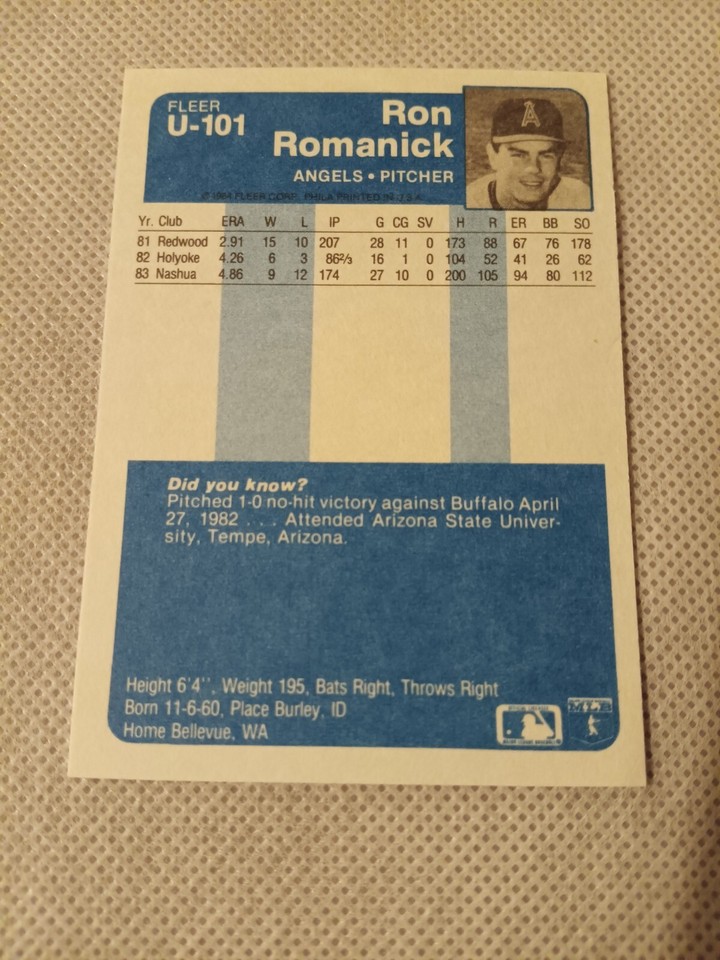 1984 RON ROMANICK FLEER UPDATE BASEBALL ROOKIE CARD RC #U-101 ...