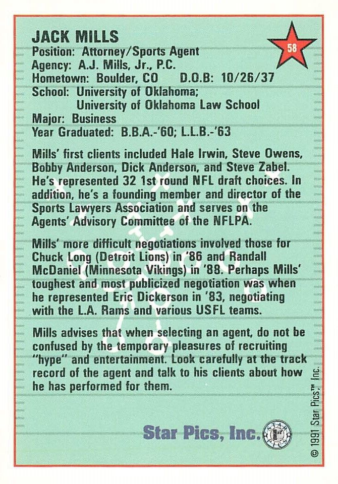 1991 Star Pics #58 JACK MILLS RC Rookie | eBay