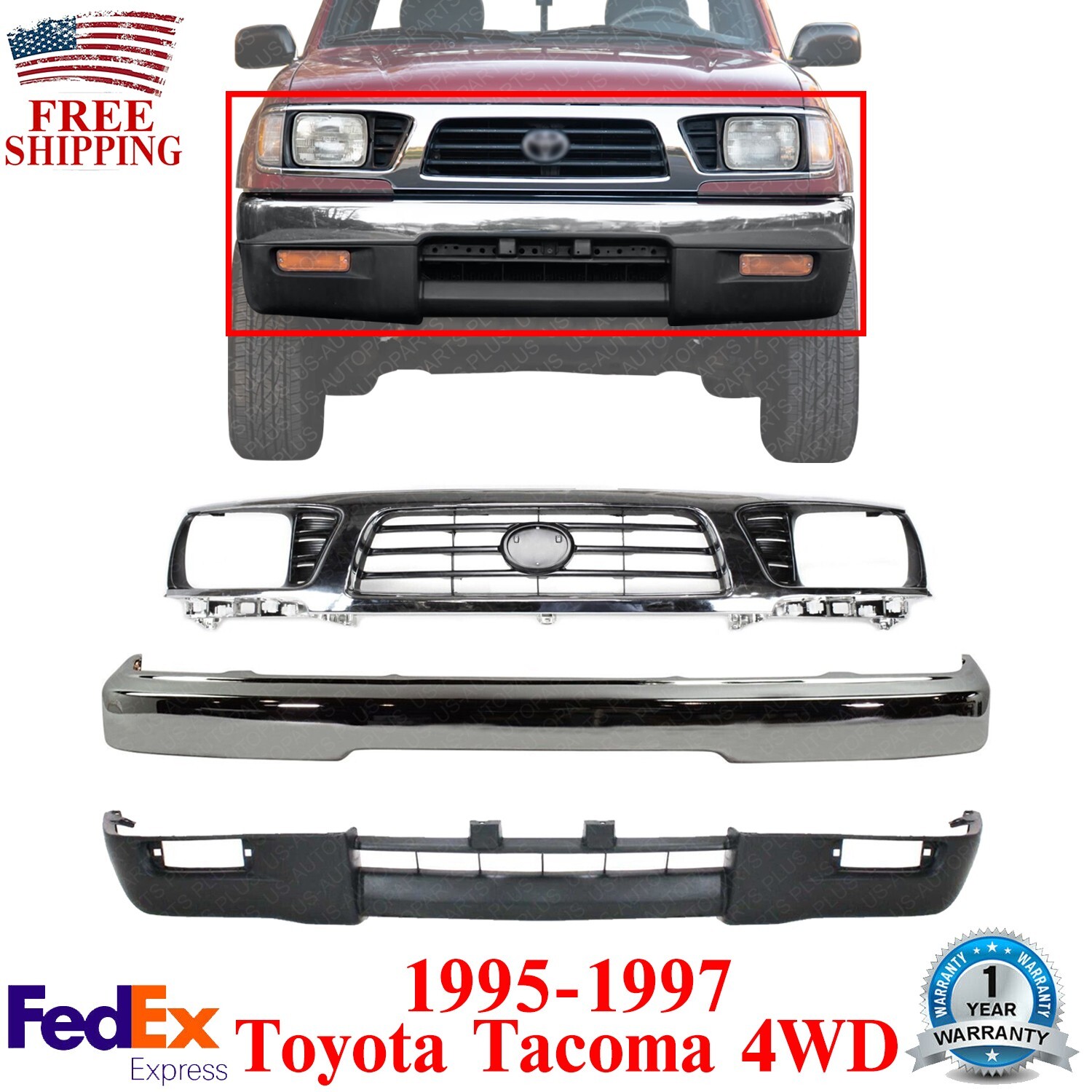 Front Bumper Chrome + Grille + Valance Textured For 1995-1997 Toyota ...