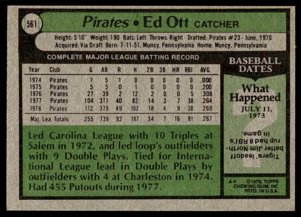 1979 Topps Ed Ott Pittsburgh Pirates #561 | eBay