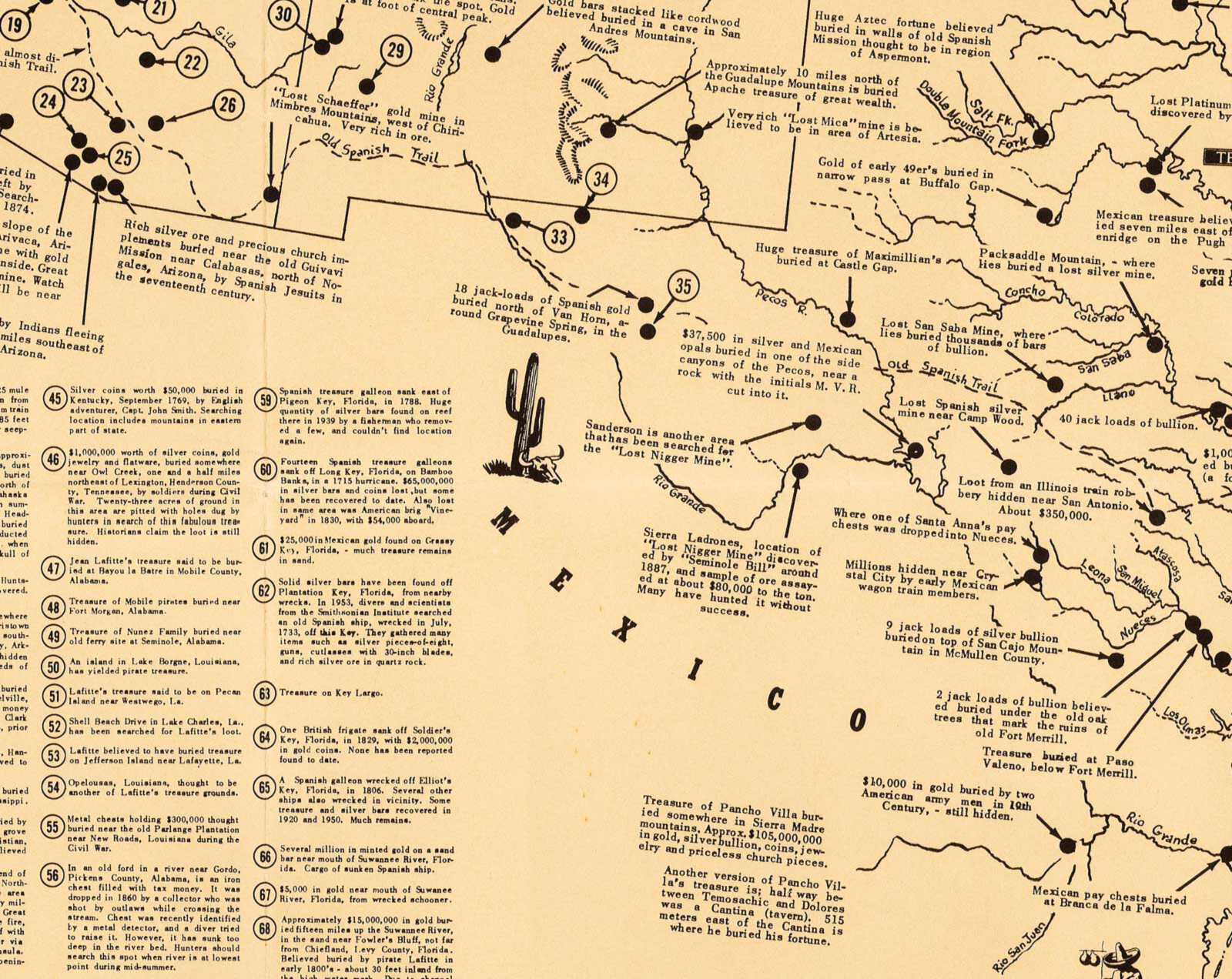 Treasure Map of the United States. Hunting, Civil War Gold, 10"x16 ...