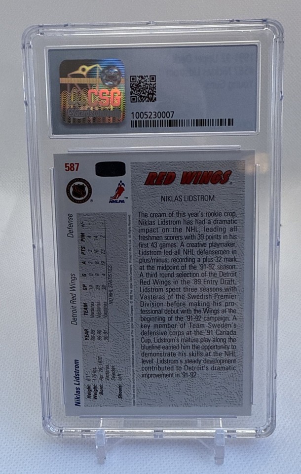 19 91–92 upper deck hockey #587 Nicholas Lindstrom Young Guns Graded ...