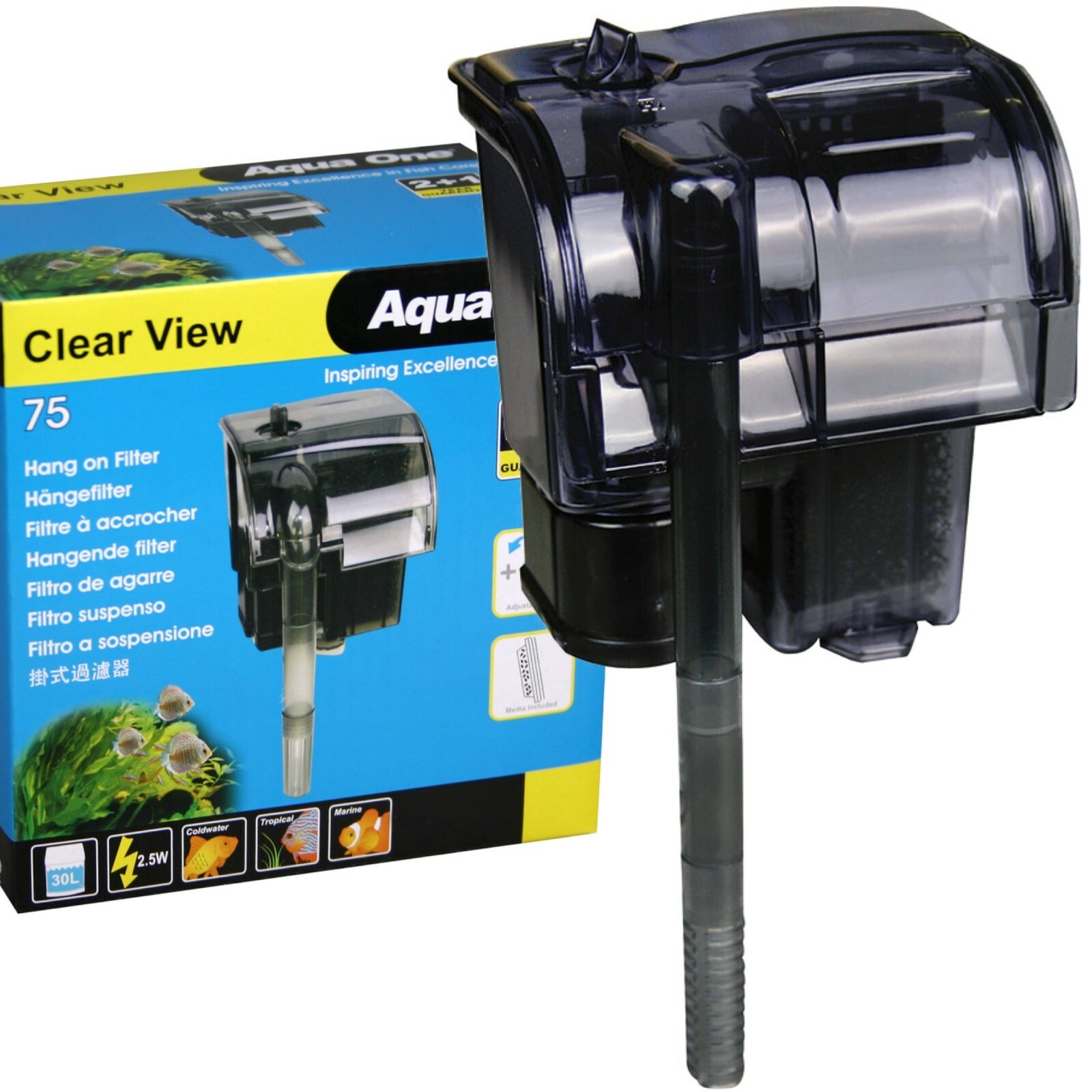 Aqua One Clearview 75 Hang On Filter 190 L/H 29023 Fish Tank Aquarium ...