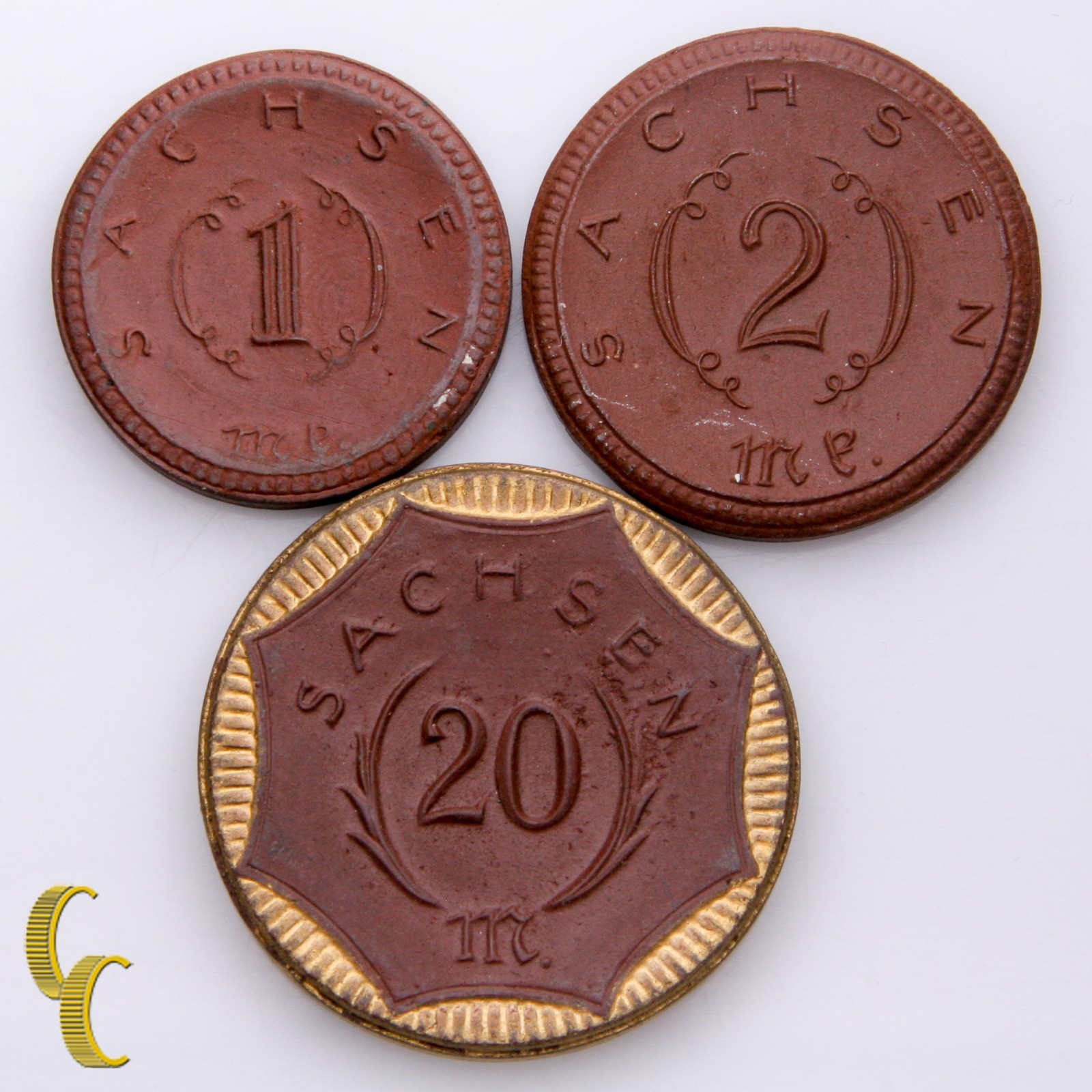 1921 Germany Saxony 1, 2, 20 Mark Coins 3 Piece Lot Porcelain Stoneware ...