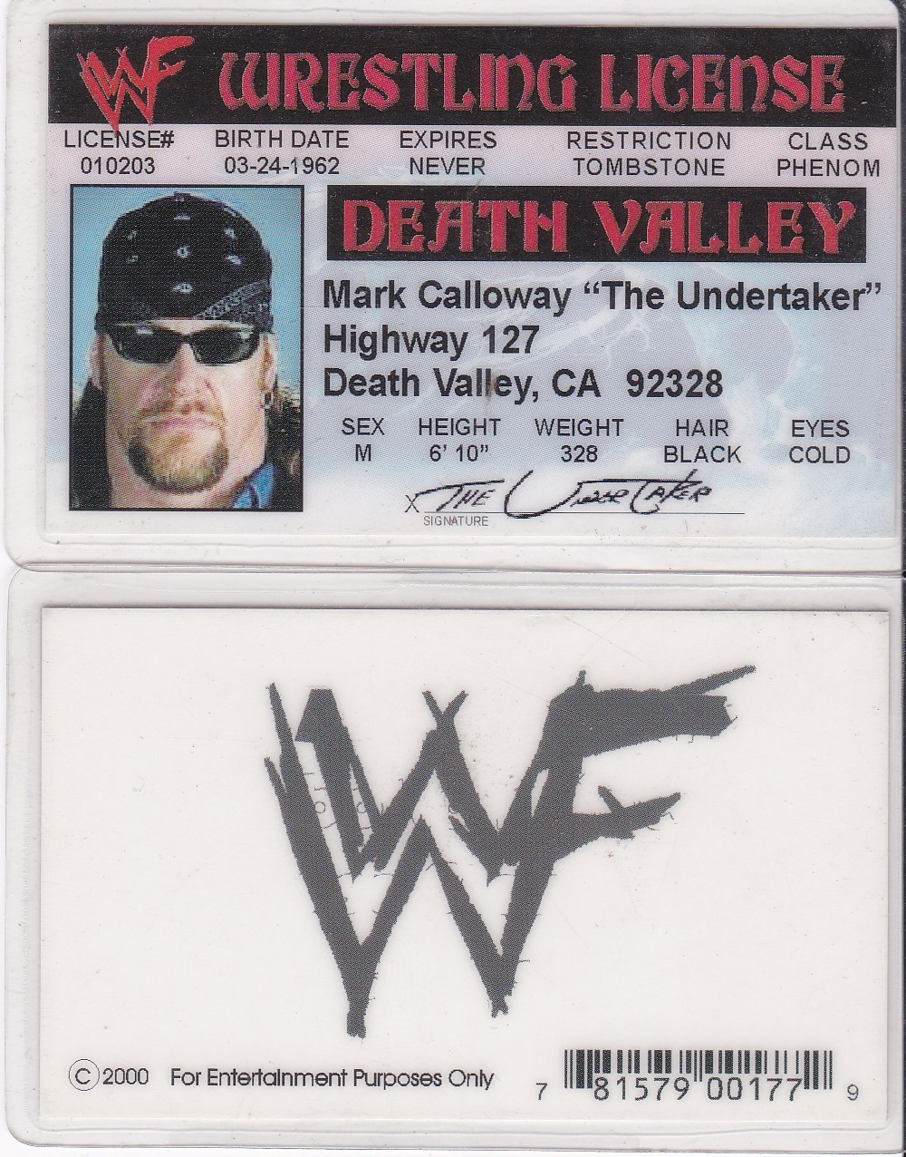 WF Wrestling License THE UNDERTAKER Death VAlley wwf Drivers License ...
