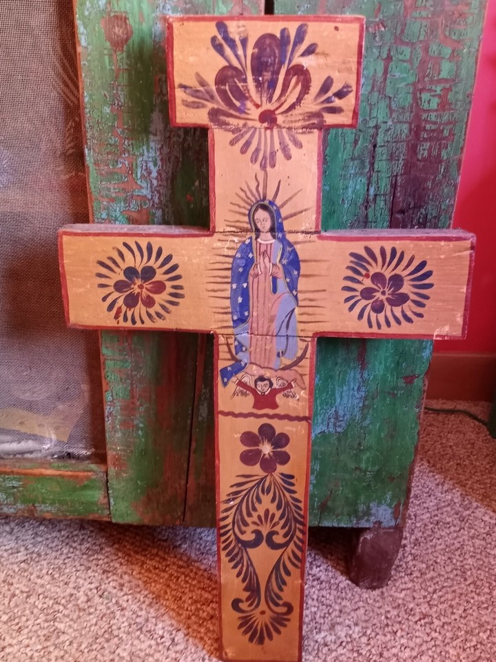 Vintage Mexican Folk Art Cross Guadalupe santos Religious Wood Hand ...