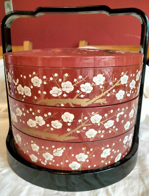 Vintage 3-Tier Red Lacquer Japanese Bento Lunch Box with Handle. | eBay