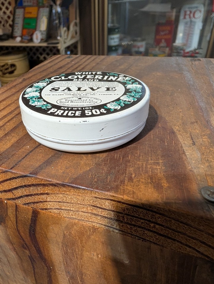 Vintage Original White Cloverine Brand Salve All Metal Pricer 1 Ounce ...