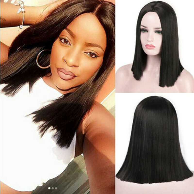 Women Short Straight Black Bob Wig Middle Part Synthetic Heat Safe ...