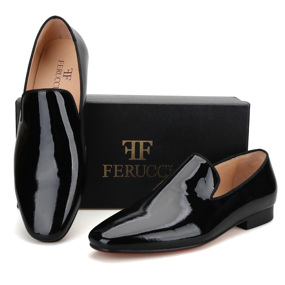 FERUCCI Plain Black Patent Leather Slippers loafers Wedding Prom Shoes ...