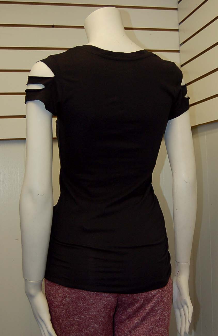 Cute Cut Out Ripped Arms & Front Short Sleeve Shirt Stretch Black SML ...