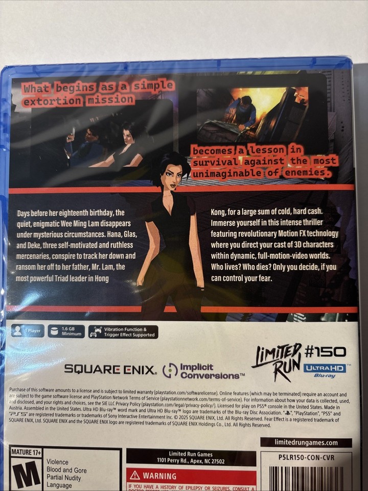 10TH ANNIVERSARY FEAR EFFECT PS5 LIMITED RUN GAMES VARIANT U.S. ESRB ...